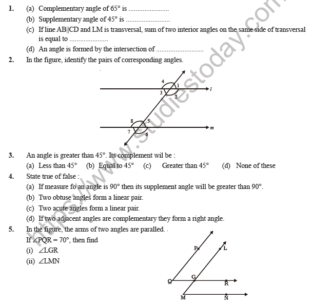 Class 7 Maths Lines And Angles Worksheet